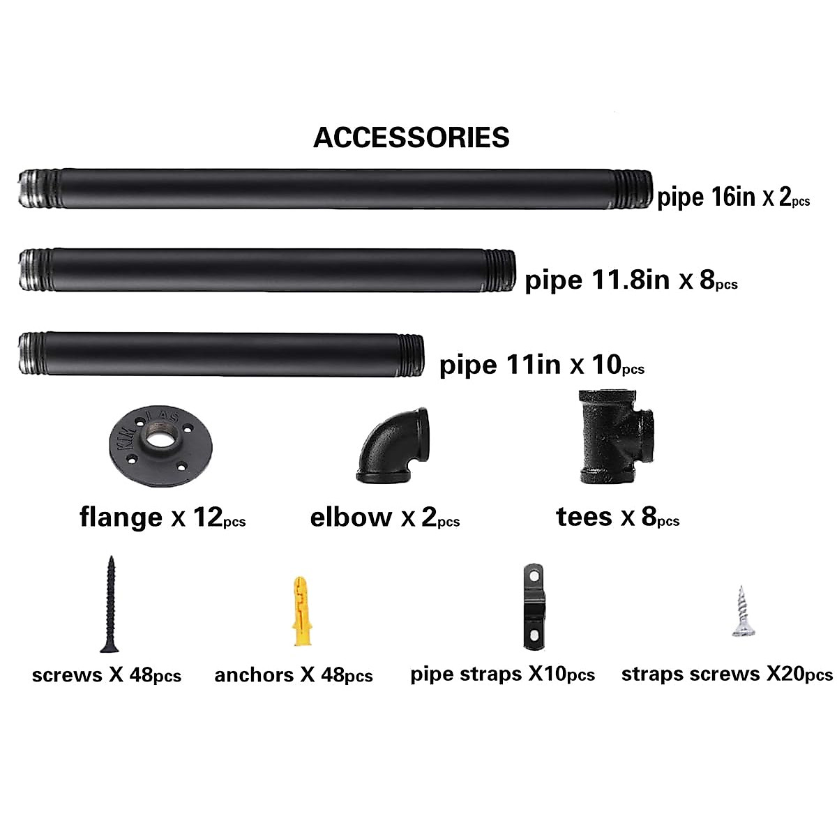 Industrial Wall Mount Iron Pipe Shelf, 5 Shelves Shelving Bracket Black Vintage Retro Ceiling Hung shelf DIY Open Bookshelf Storage for offcie Room Kitchen (2PcsX5Tier,68" Tall,10"deep,Hardware Only)