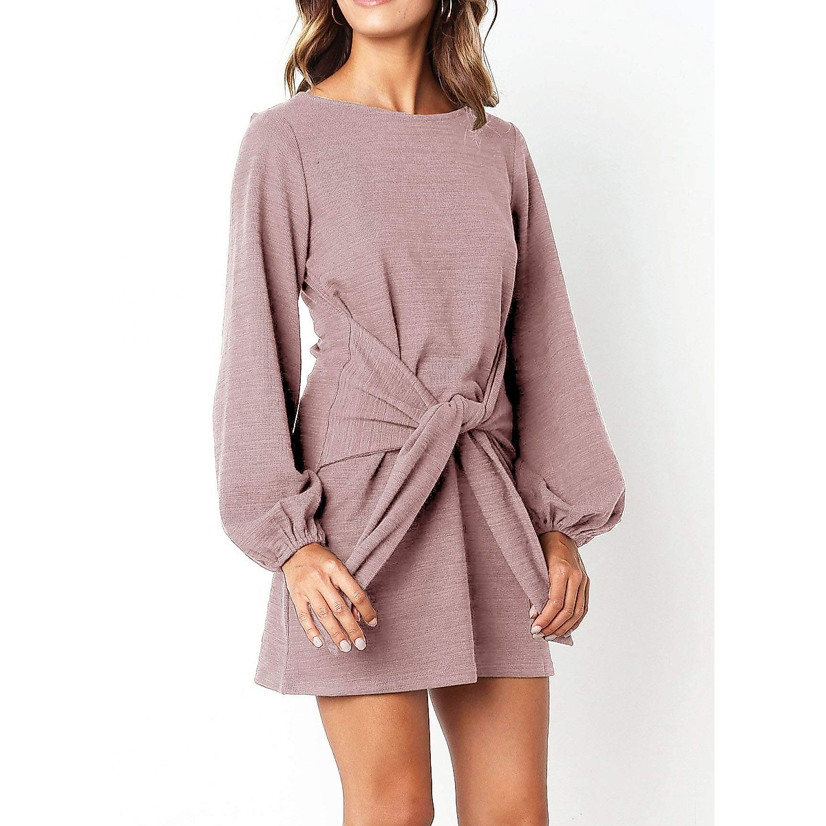 R.Vivimos Women's Autumn Winter Cotton Long Sleeves Elegant Knitted Bodycon Tie Waist Sweater Pencil Dress (Small, Light Violet)