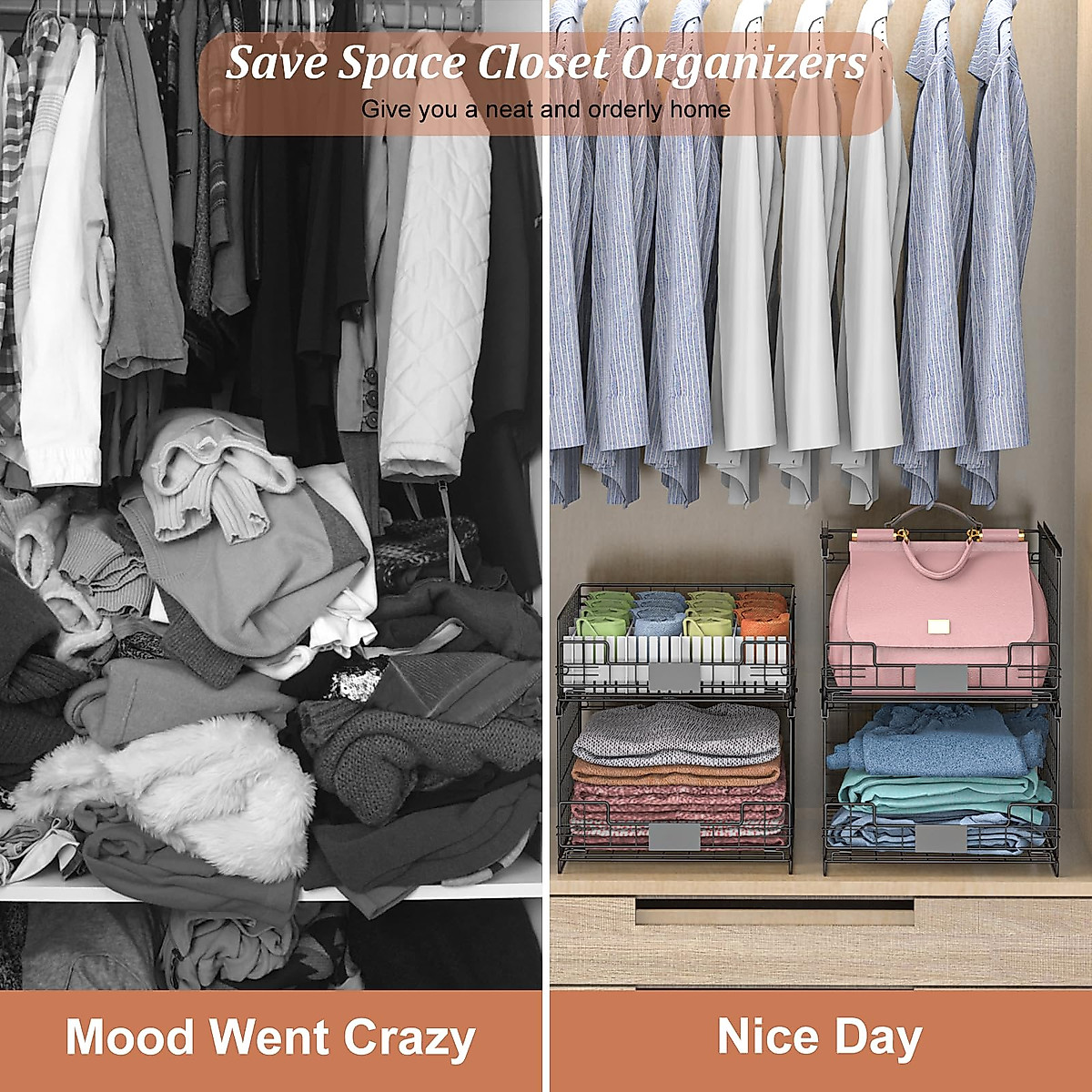 4 Pack Sliding Closet Organizers and Storage, Stackable Closet Storage Shelves, Pull Out Clothes Storage Organizer Baskets/Containers/Drawers with Dividers for Wardrobe (Black-Sturdy Wire Metal Frame)