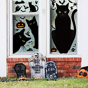 Quera Large Halloween Window Clings Black Cat Window Decorations Glow in The Dark Spooky Pumpkin Window Stickers Halloween Silhouette Window Stickers for School Home Office Party Decals, Double-Side