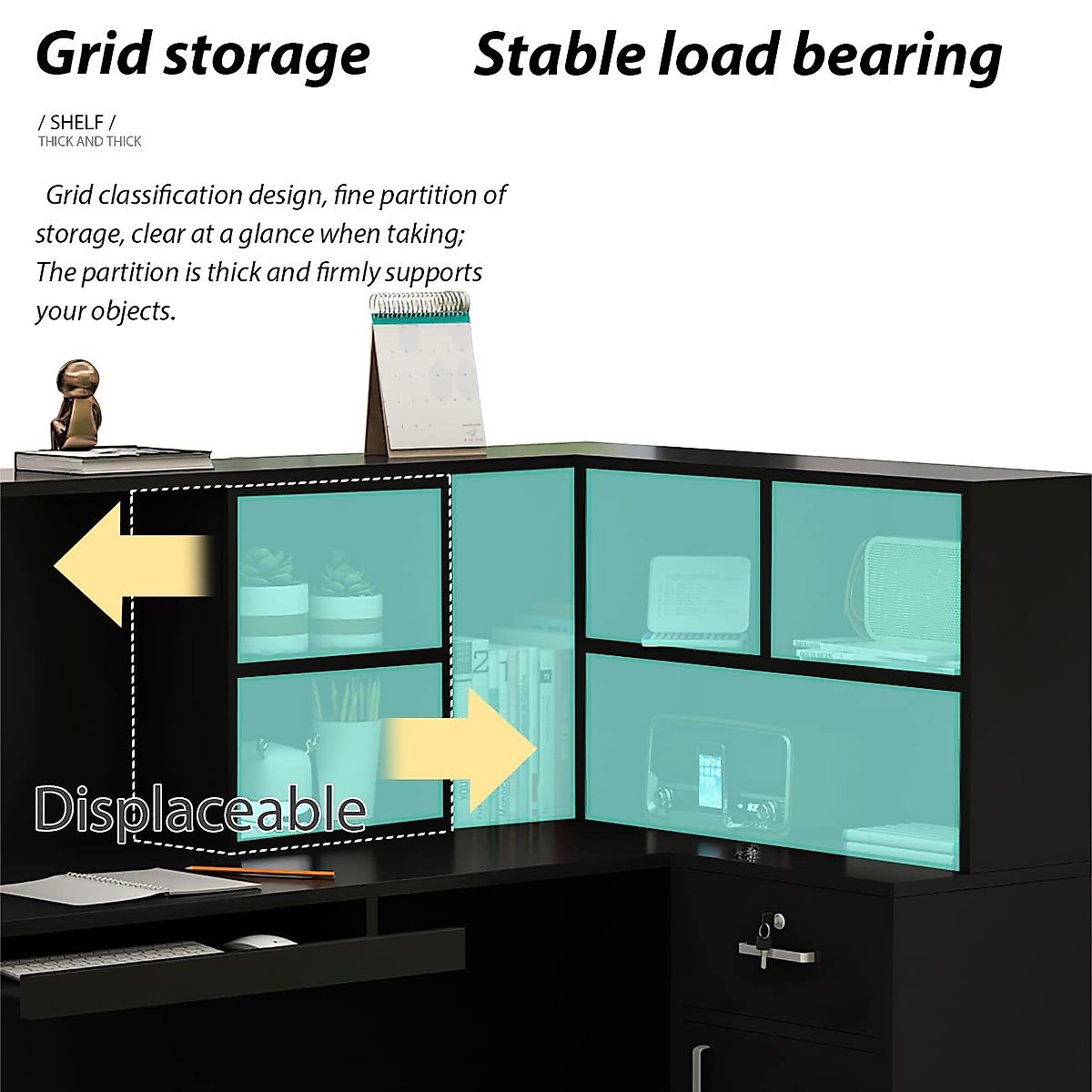 AGOTENI Reception Desk Reception Stations with Open Shelf & Drawers, L Shape Reception Table Wooden Computer Desk for Office Reception Room, Black