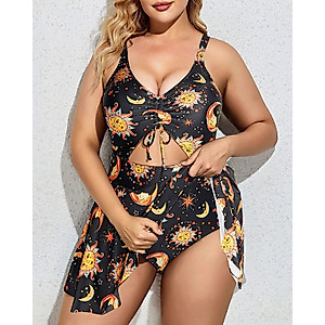 Yonique Women Plus Size One Piece Swimsuits with Skirt V Neck Swimdress Cutout Bathing Suits Sun Stars and Moon 18W