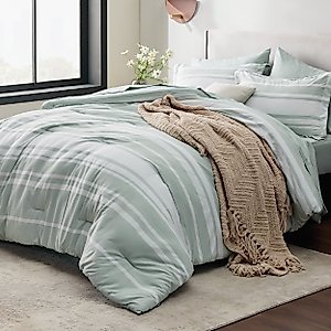 Bedsure Twin Comforter Set 5 Pieces, Sage Green Striped Bedding Set for Twin Size Bed Reversible, Cationic Dyeing Bed in a Bag with Comforter, Sheets, Pillowcase & Sham