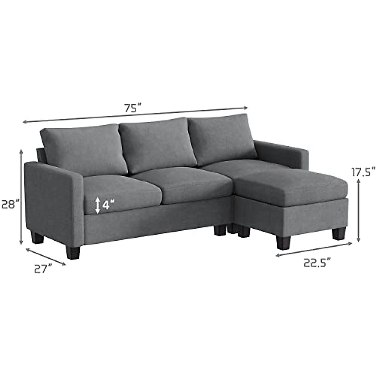 YESHOMY Convertible Sectional, Modern Linen Fabric L-Shaped Couch 3-Seat Sofa, Dark Gray