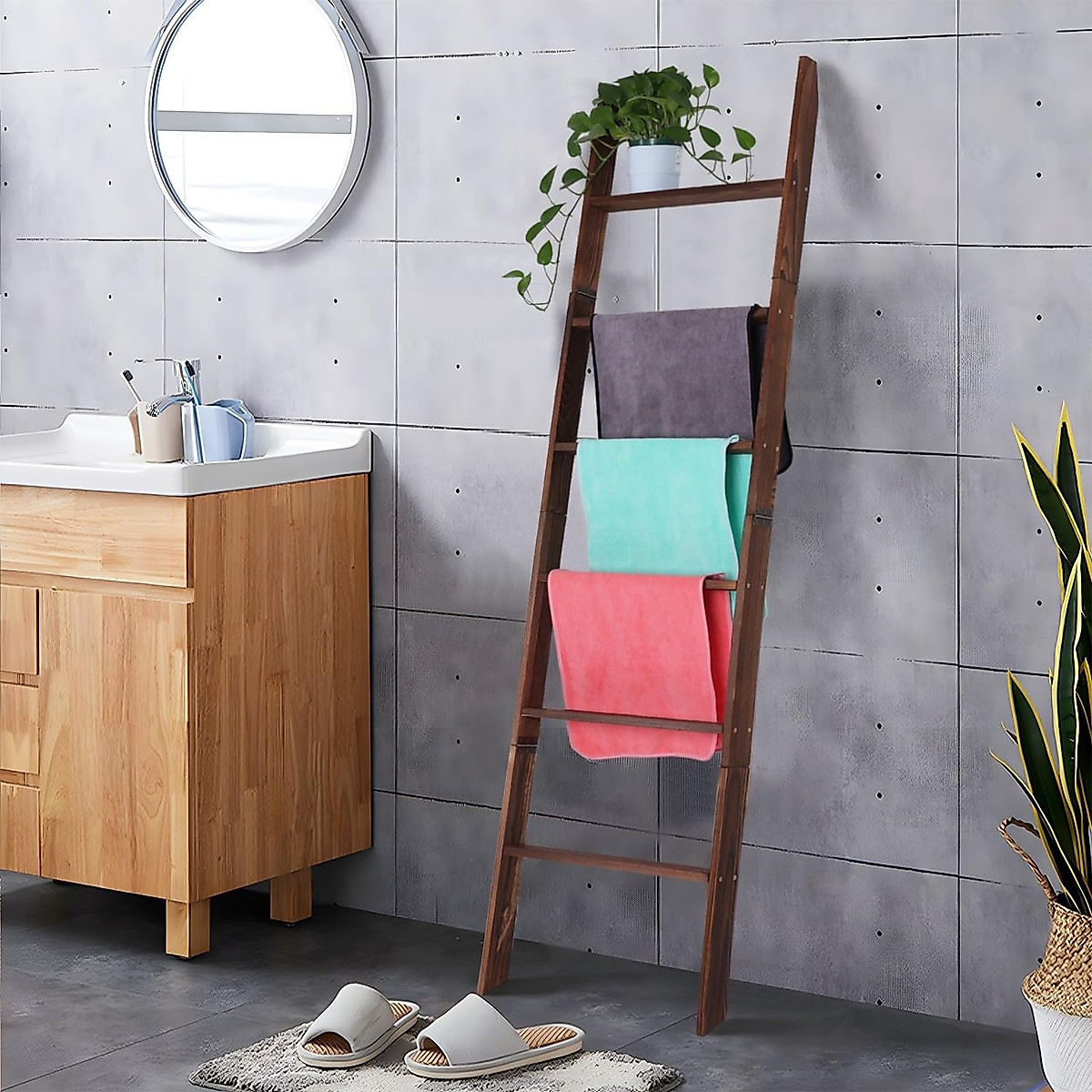 Blanket Ladder for Living Room and Bedroom,6-Tier Decorative Display Ladder Shelf,Ladder Rack for Storage and Decor,Wall Leaning Farmhouse Blanket Storage,Towel Rack, Bathroom,Brown