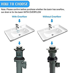 Bathroom Sink Drain with Overflow, Push and Seal Pop Up Drain Stopper Lift Rod, 2 Pack Bathroom Lavatory Vanity Vessel Drain Compatible with Moen, American Standard,Universal Drain Hole,Brushed Nickel