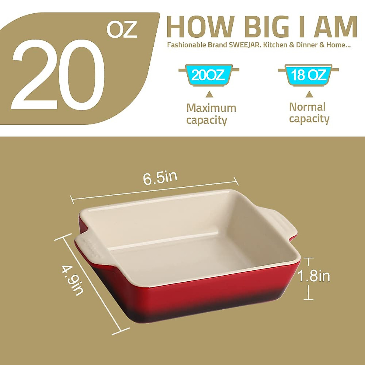 Sweejar Ceramic Baking Dish, Rectangular Small Baking Pan with Double Handles, 22OZ for Cooking, Brownie, Kitchen, 6.5 x 4.9 x 1.8 Inches(White)