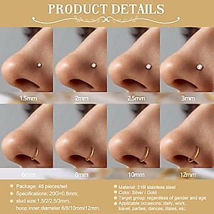 FINREZIO 48PCS 20G Surgical Steel Nose Rings Hoop Studs Cartilage Earrings Body Piercing Jewelry 1.5mm 2mm 2.5mm 3mm CZ 6mm-12mm Hoop 3 Colors (gold tone)