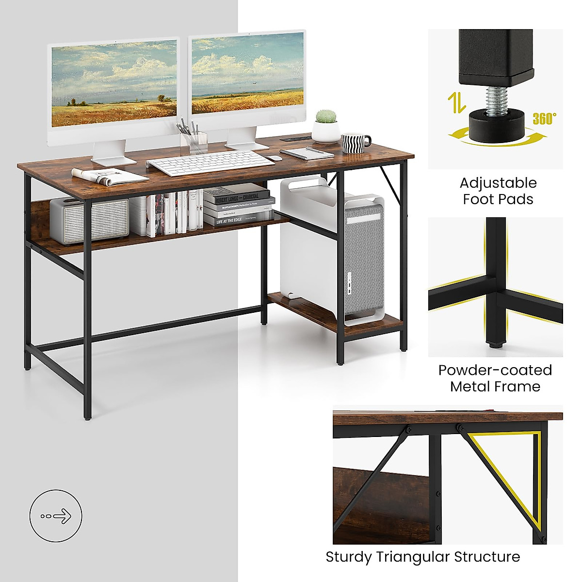 Tangkula 55 Inch Computer Desk with 4 Power Outlets & 2 USB Ports, Home Office Desk with Built in Charging Station with Switch, Computer Workstation Writing Study Desk with Storage Shelf & CPU Stand