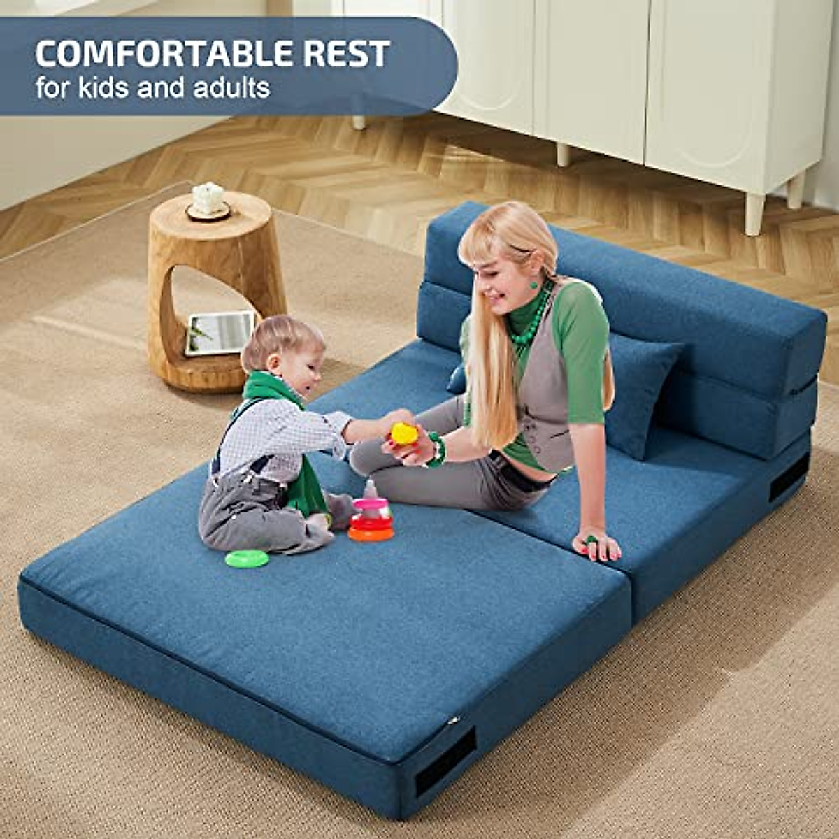 SUYOLS Folding Sofa Bed with Pillow - Convertible Chair Floor Couch & Sleeping Mattress - Foldable Memory Foam Sleeper for Living Room/Dorm/Guest Room/Home Office/Apartment/Upstairs Loft, Light Blue