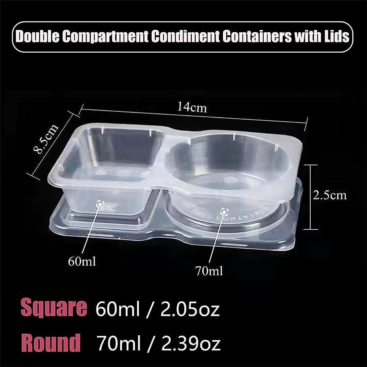 Double Compartment Condiment Container, 2 Compartment Snack Containers, Double Condiment Containers with Lids, Reusable Snack Container for Condiments or Dips, Clear Plastic Portion (5)