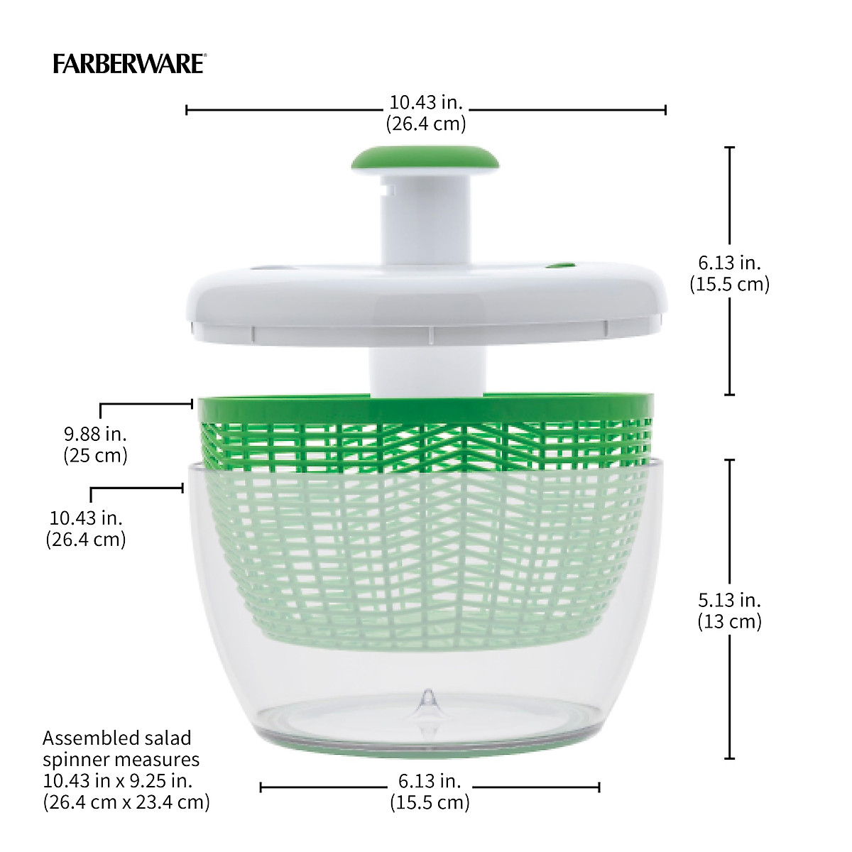 Farberware Easy to use pro Pump Spinner with Bowl, Colander and Built in draining System for Fresh, Crisp, Clean Salad and Produce, Large 6.6 quart, Green