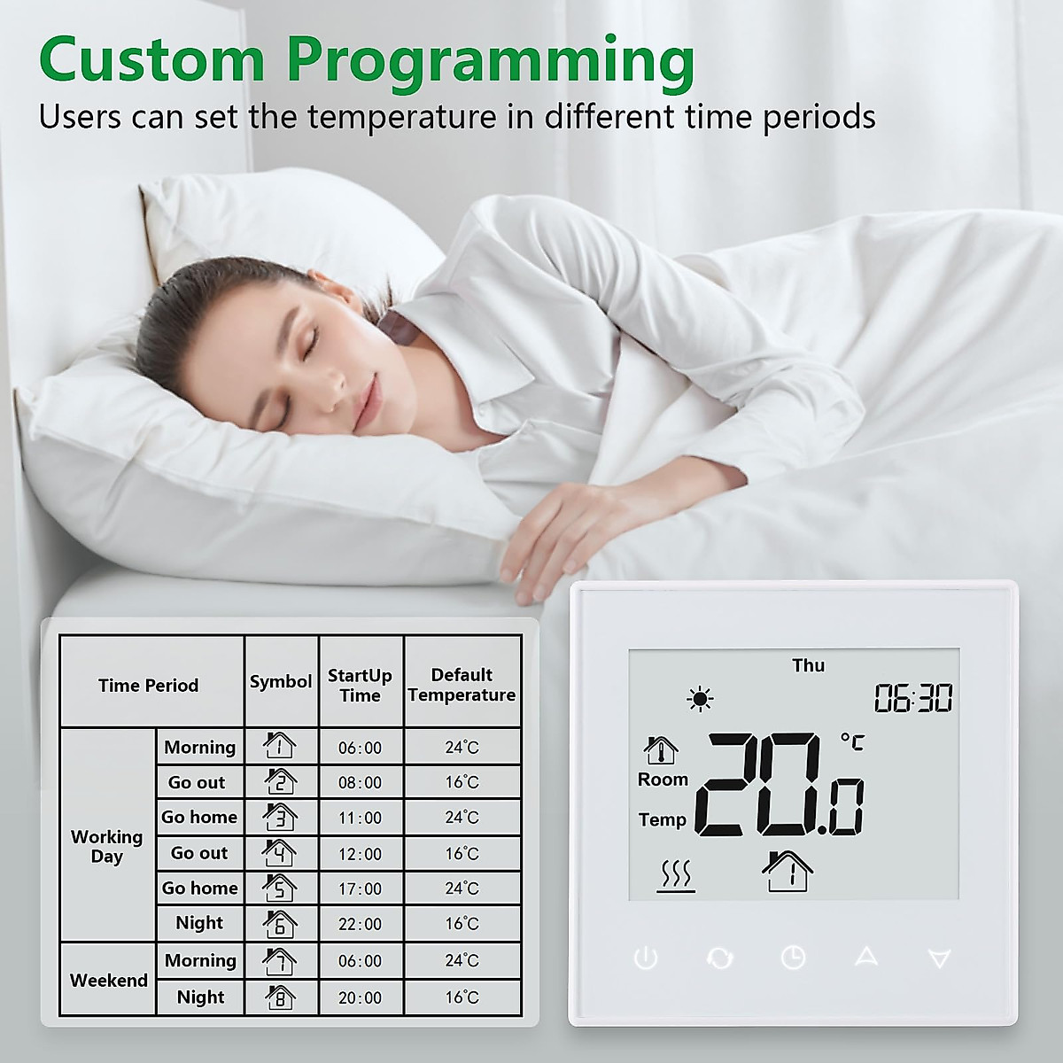 Wengart Underfloor Heating Thermostats Controller 7-Day Programmable with LCD Touch Screen WG505,AC230V 3A Work for Radiant Floor Heating Link Gas Boiler White