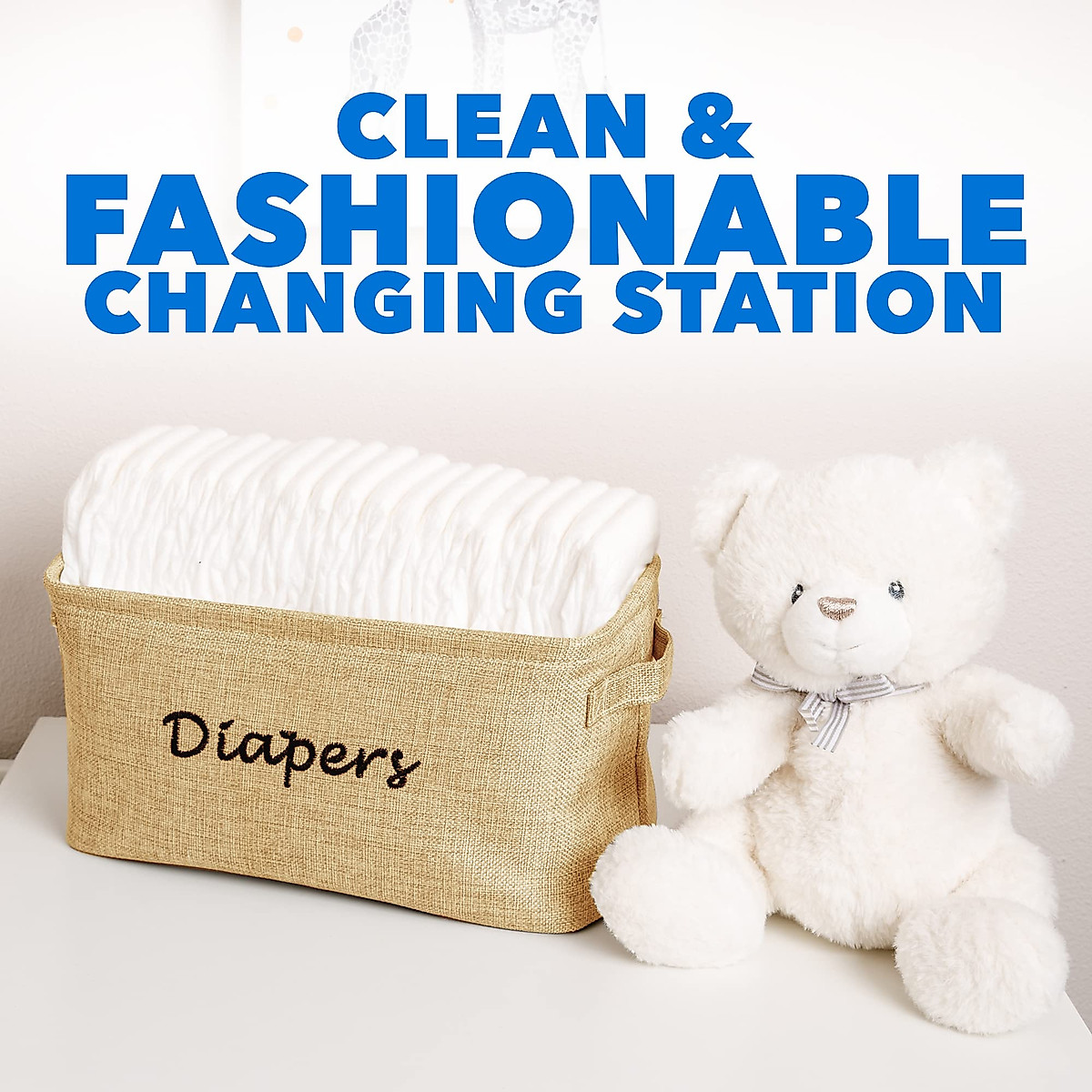 Dejaroo - Baskets for Organizing Diapers and Newborn Essentials, Baby Diaper Caddy Organizer, Embroidered Baby Shower Gifts for Moms, Linen Basket with Handle, 12 x 6 x 6 Inches, Natural