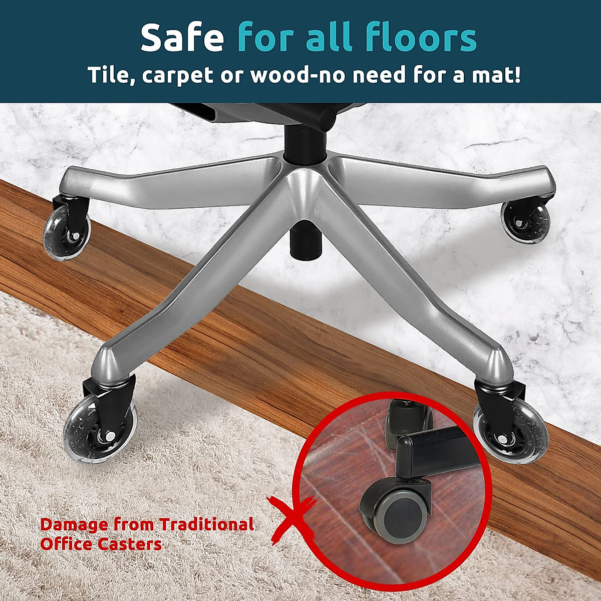 Office Chair Wheels (Set of 5), 3'' 100% No Scratches Caster Wheels, Heavy Duty & Safe Computer Gaming Chair Casters Quiet Rolling, Suitable for All Floors Including Hardwood Cappet