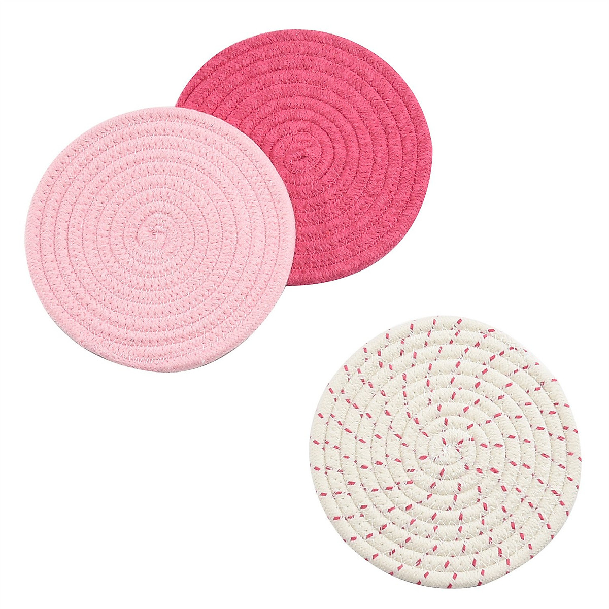 Kitchen Potholders Set Trivets Set 100% Pure Cotton Thread Weave Hot Pot Holders Set (Set of 3) Stylish Coasters, Hot Pads, Hot Mats, Spoon Rest For Cooking and Baking by Diameter 7 Inches (Pink)