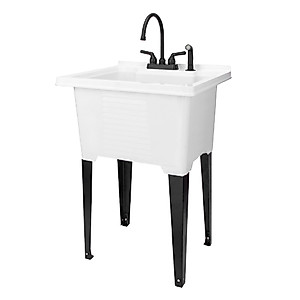 White Utility Sink by JS Jackson Supplies, Tehila Luxe Laundry Tub, Matte Black Gooseneck Faucet, Side Sprayer