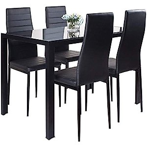 Binrrio 5 Piece Dining Table Set, Modern Furniture Rectangle Tempered Glass Top Table with 4 Piece High Backrest Faux Leather Chairs for Kitchen Dining Room Living Room, Black