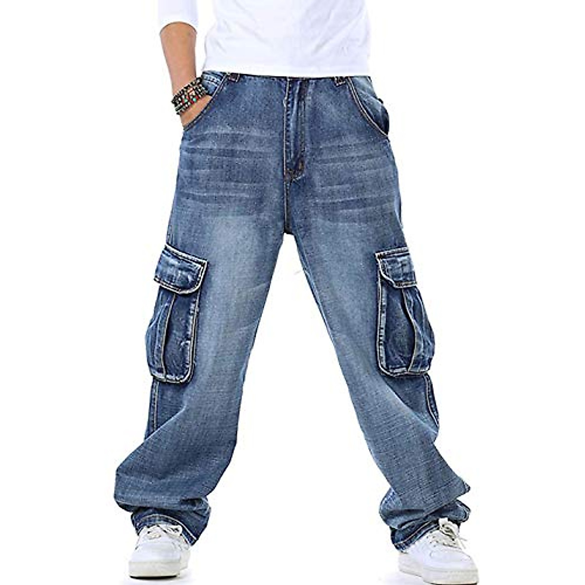 Yeokou Men's Casual Loose Hip Hop Denim Work Pants Jeans with Cargo Pockets(LightBlue-34)