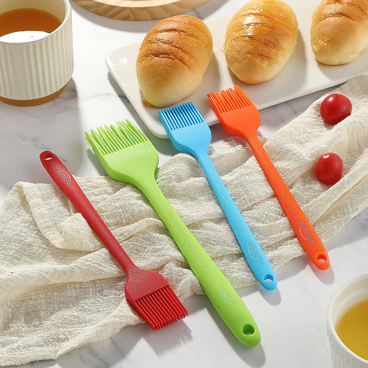 4PCS Silicone Basting Pastry Brush, MONGSEW Heat Resistant Food Brush Spread Oil Butter Sauce for BBQ Grill Baking Kitchen Cooking, BPA Free, Dishwasher Safe (Multicolor, 4 Pcs)