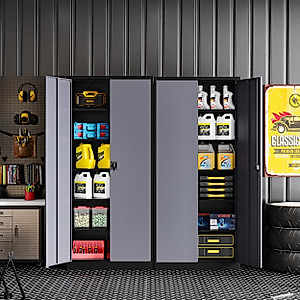 BYNSOE Garage Storage Cabinet with 5 Adjustable Shelves Metal Storage Cabinets with Locking Door, Steel Classic Storage Cabinet for Home, School, Office, Garage (Black Gray-Style 1)