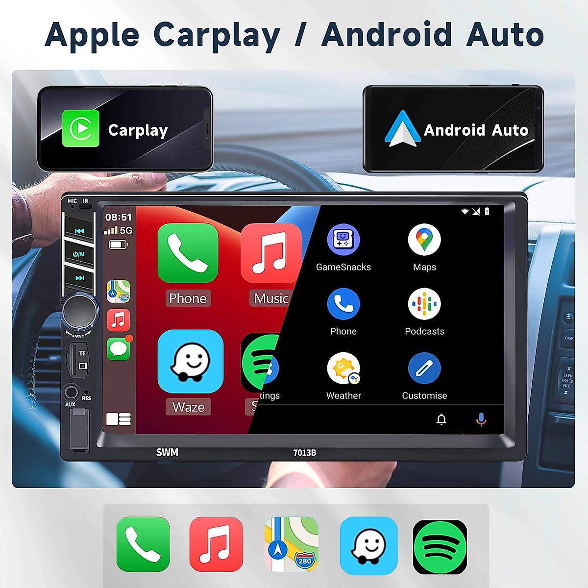Podofo Double Din Car Stereo with Apple Carplay and Android Auto, 7 Inch HD Touchscreen Car Radio Support Mirror Link/FM/USB/TF/Aux-in/RCA/Bluetooth Car Audio Receiver with Backup Camera