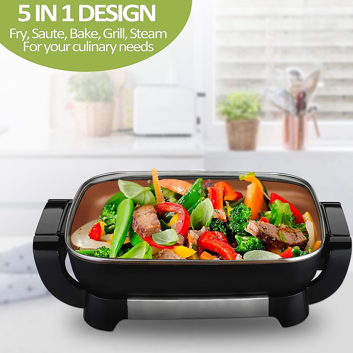 Extra-Large Nonstick Ceramic Electric Skillet - Electric Frying Pan with Lid, 12"x15" Fry Pan Adjustable Temperature Control, with Removable Pan, Dishwasher Safe