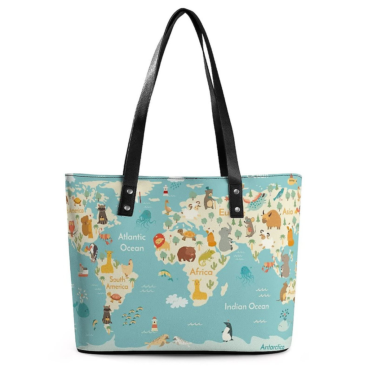 Womens Handbag World Map Leather Tote Bag Top Handle Satchel Bags For Lady