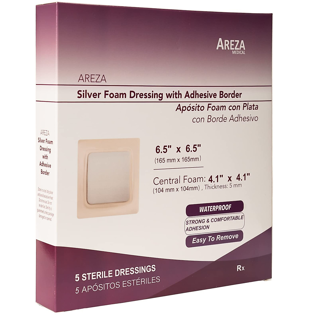Silver Foam Dressing with Border 6.5″ X 6.5″ Central Foam 4.1" x 4.1" Sterile 5 Dressing per Box (1)