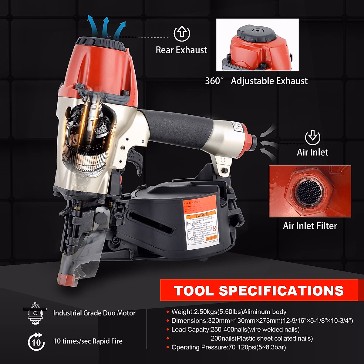 Siding Nail Gun CN565B, 15 Gauge 1-1/4-Inch to 2-1/2-Inch Pneumatic Coil Siding Nailer for Siding Sheathing Fencing Roof Decking