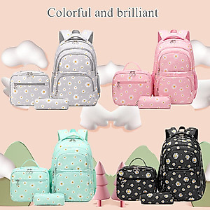 YJMKOI 3Pcs Daisy Prints Backpack for Girls Middle-School Elementary Students Bookbag Set with Lunch Box (Grey)