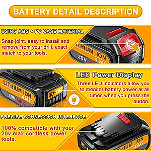VANTTECH 2Pack DCB200 20V MAX 6.0Ah Battery Replacement for Dewalt 20V Battery DCB200 DCB180 DCB206 DCB206-2 DCB204 DCB204BT-2 DCB203 DCB201 DCD/DCF/DCG Series Cordless Power Tools
