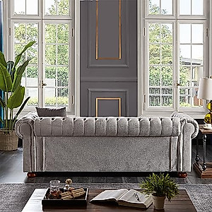 ERYE 88.5" 3-Seaters Chesterfield Sofa&Couch, Clasic Luxury Roller Armrest Special Wood Legs Sectional,Button Tufted Linen Upholstered Modular Sofa Couch with Removable Cushions & Nailhead Decor