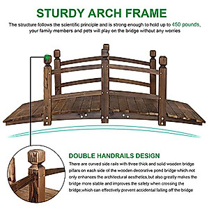 5FT Wooden Garden Bridge Arch Stained Finish Footbridge Decorative Backyard Bridge with Double Safety Railings Outdoor Lawn Pond Bridge Walkway for Garden Yard Patio Courtyard Farm Stream Creek