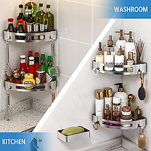 VINIUSIKI Corner Shower Caddy Shelves with Soap Holder & 4 Hooks,SUS304 Stainless Steel Kitchen Organizer, Adhesive & Drilling Wall Mounted Racks for Bathroom & Kitchen & Home Decor, 3-Pack