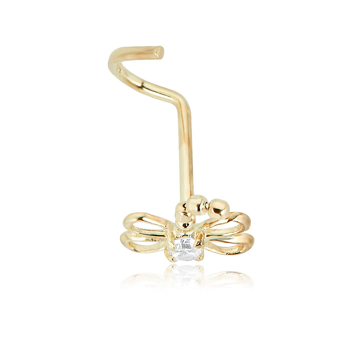 AVORA 14K Yellow Gold Dragonfly Butterfly Simulated Diamond CZ Curved Twisted Screw Nose Ring (22 Gauge)