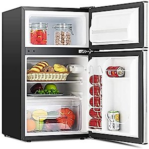 3.2 Cubic Feet Mini Compact Refrigerator Double Door Mini Fridge Small Drink Food Storage Machine,Silver