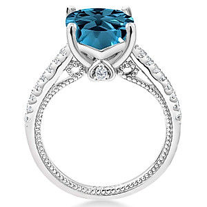 Gem Stone King 925 Sterling Silver London Blue Topaz and White Created Sapphire Ring For Women (5.47 Cttw, Cushion 10MM, Available In Size 5, 6, 7, 8, 9)