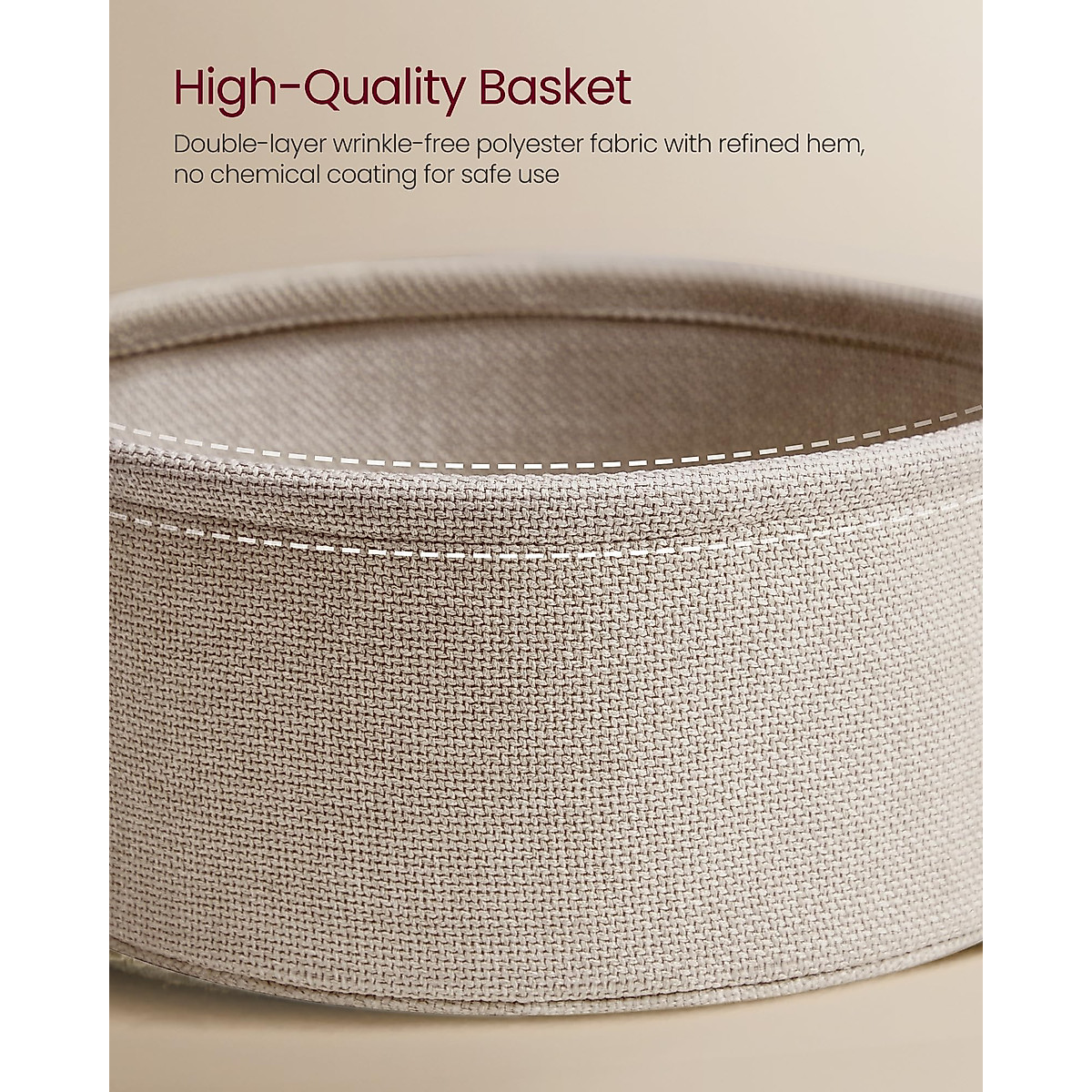 VASAGLE Side Table with Charging Station, Round End Table With Fabric Basket, Nightstand with Power Outlets USB Ports, for Living Room, Bedroom, Modern, Matte White and Camel Brown ULET228W01