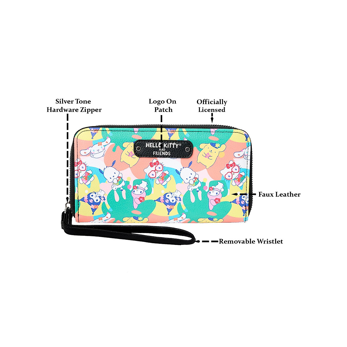 Hello Kitty Wallet Wristlet Zip Clutch Faux Leather Pochacco Kuromi Cinnamoroll