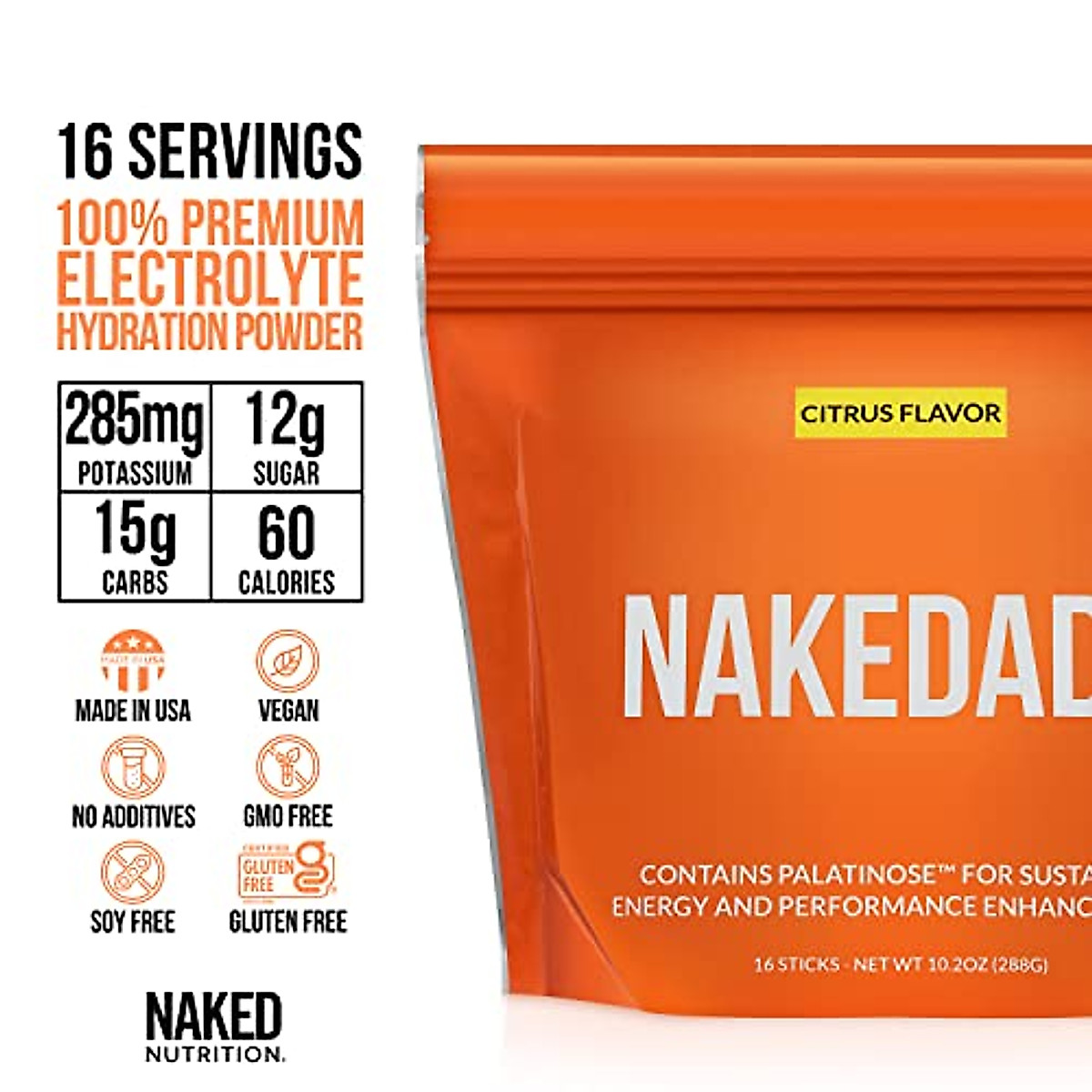 NAKED nutrition Nakedade – Performance Enhancing Sports Drink Powder - Citrus Flavor Electrolyte Powder – No GMOs or Artificial Sweeteners, Gluten-Free, Soy-Free, Dairy-Free –