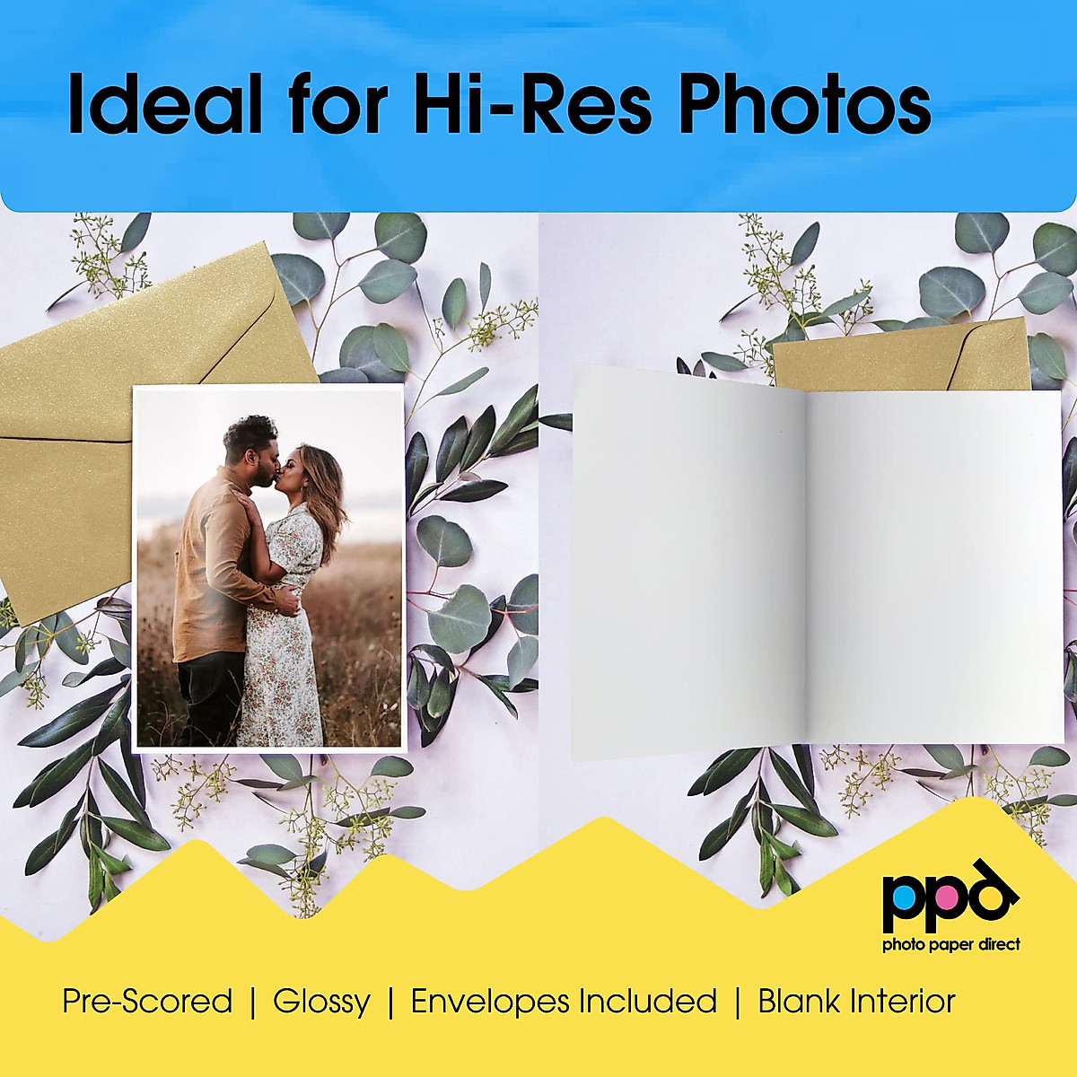 PPD 50 Inkjet Printable Blank Glossy Greeting Card Paper 64lbs 240gsm 10.9mil 8.5x11 Half Fold To 5.5x8.5 Premium Quality Photographic Print Cardstock Instant Dry and Water-Resistant (PPD-51-50)