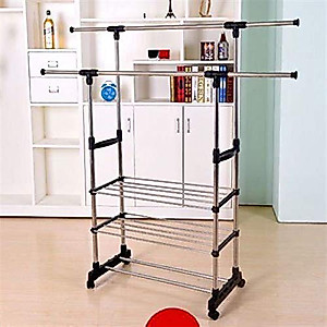 Clothes Rack,Rolling Rack for Clothes,Clothes Racks for Hanging Clothes,With Double Rods, It Can Be Retracted up and down, Left and Right, with Three Layers of Shelves