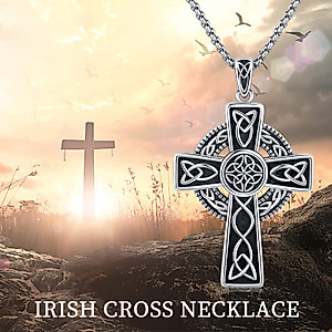 Midir&Etain Celtic Cross Necklace for Men Sterling Silver Irish Knot Celtic Cross Necklace Black Pendant Crucifix Necklace Jewelry Gifts for Men Women