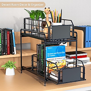 Laokiiy Under Sink Organizers, Storage Bathroom Organizer 2 Tier Under Sliding Kicthen Cabinet Basket Organizer with Hooks, Multi-purpose Under Sink Shelf Organizer, Black