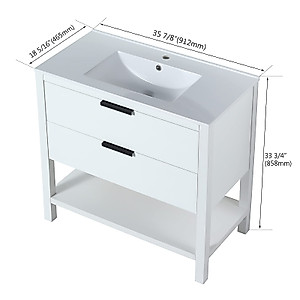 LVTFCO 36" Modern Freestanding Bathroom Vanity with 2 Drawers and Open Style Shelf, Bathroom Vanity Sink Combo with Plywood Pedestal and Resin Sink for Apartment Dorm Contemporary Bath (White)