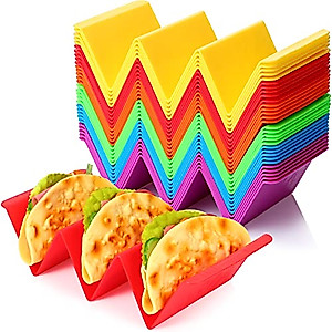 Nuogo 30 Pcs Colorful Disposable Taco Holder For Party Plastic Bulk Taco Stand Large Taco Tray Plates Hold 2 or 3 Tacos Each Rack Server for Party Dishwasher Microwave Safe