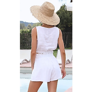 FAMCYINN Women Summer 2 Piece Outfits Crew Neck Crop Top Tank Elastic Waistband Casual Shorts Set with Pocket White XL