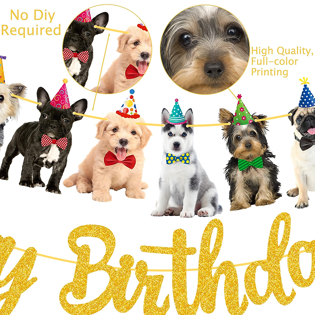 Dog Happy Birthday Banner Decorations Baby Dog Birthday Party Supplies Gold Glitter Puppy Birthday Banner Decorations for Pet Dog Theme Party Bunting Decoration Baby Shower Party Supplies