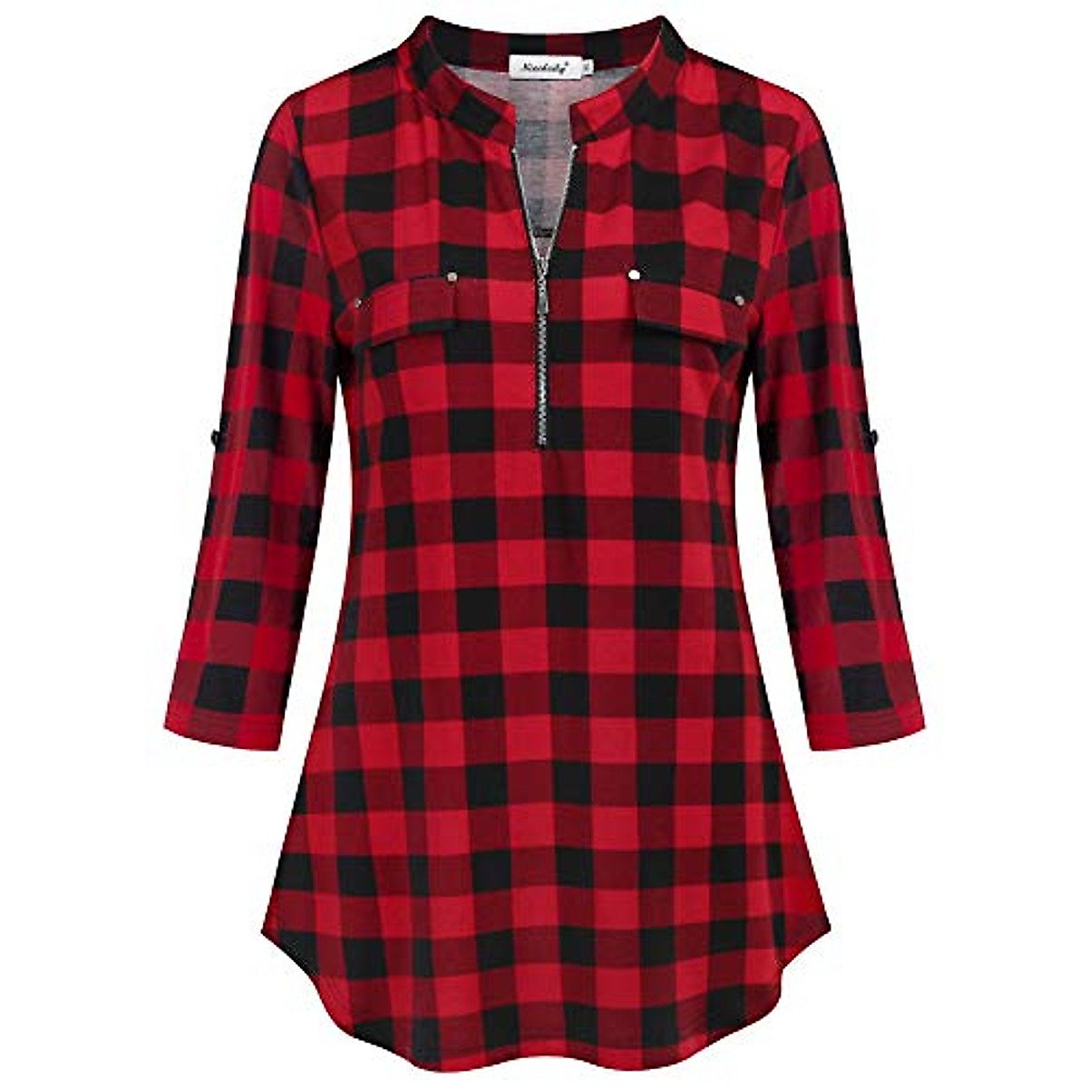 Ninedaily Plaid Shirts for Women, Gifts for Women Shirts Happy New Years Shirts Christmas Outfits 2023 Casual Extra Long Dressy Tunics to Wear with Legging Loose Hem Black and Red Plaid Shirt Size XL